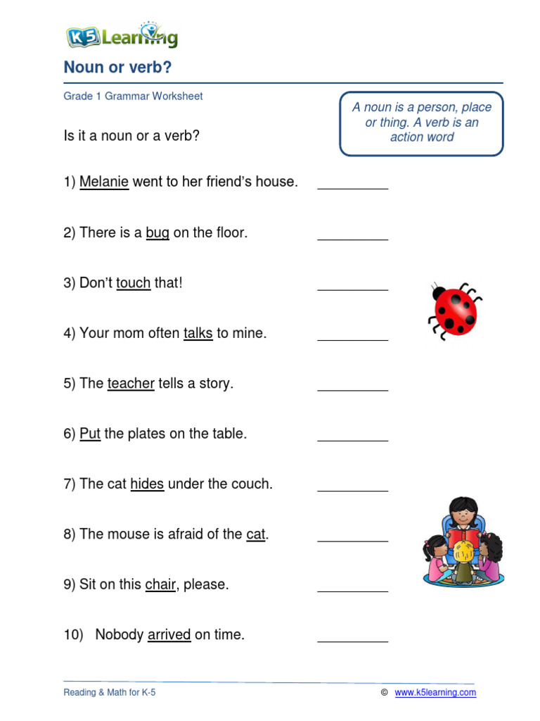 Noun and Verb Worksheet for Grade 1 | PDF | Language Arts & Discipline ...