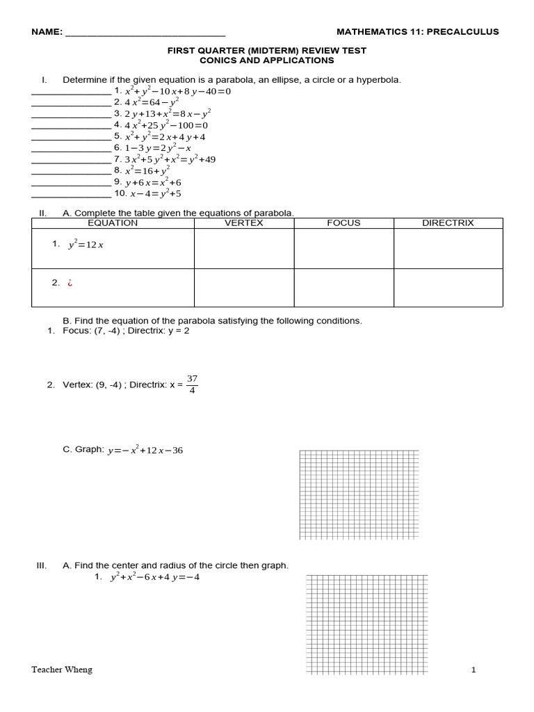 Mathematics 11 Precalculus First Quarter Review Test Conics ...