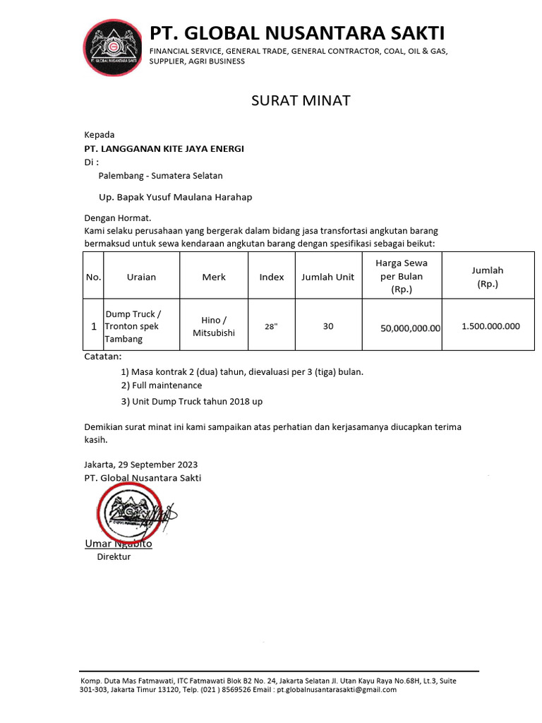 Surat Minat Sewa Dump Truck PT Global Nusantara Sakti | PDF