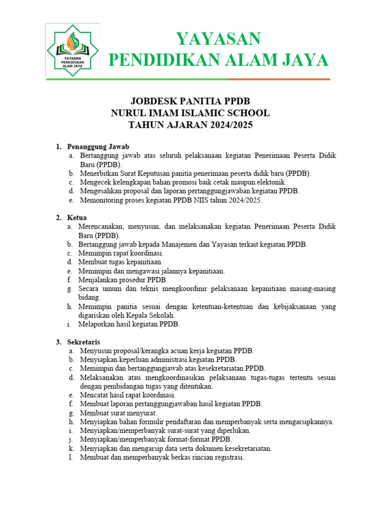Jobdesk Panitia PPDB 2024-2025 | PDF