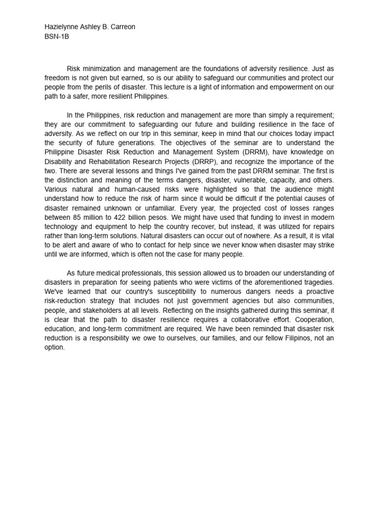 NSTP - DRRM Seminar Reflection Paper | PDF