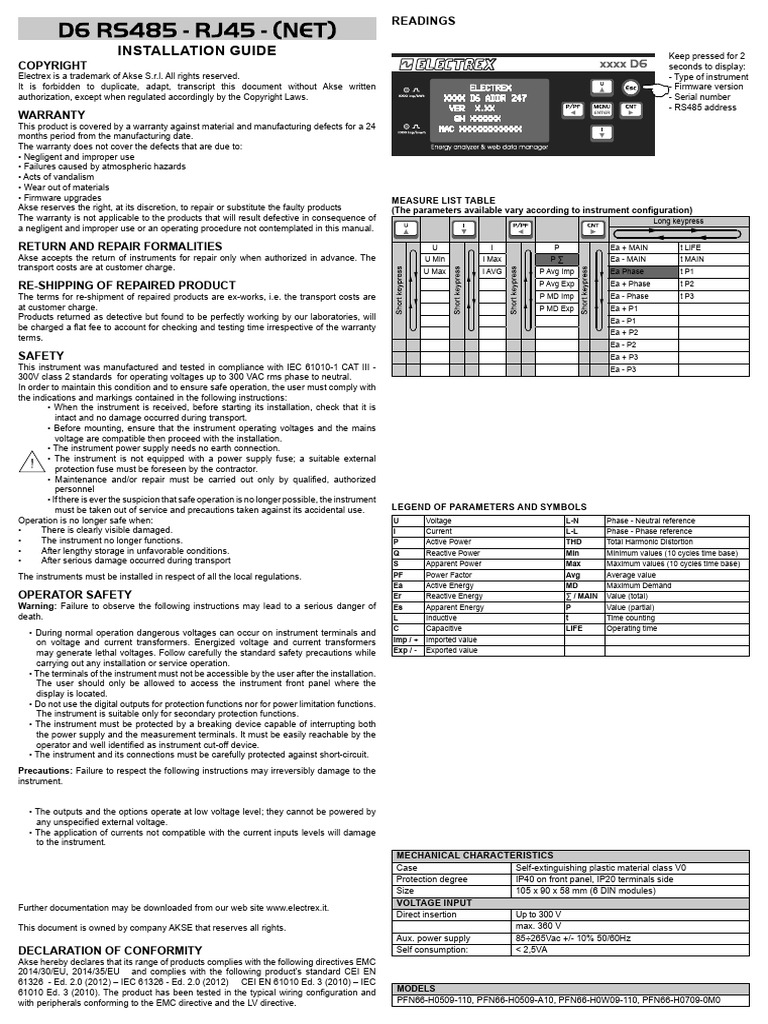 Installation Instructions RJ45 NET D6 4HALL 85-265V | PDF