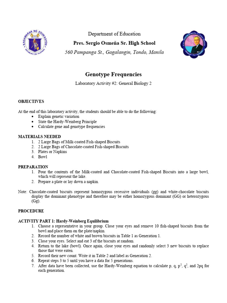 Lab Activity 2 Gene and Genotype Frequencies - Hardy Weinberg | PDF