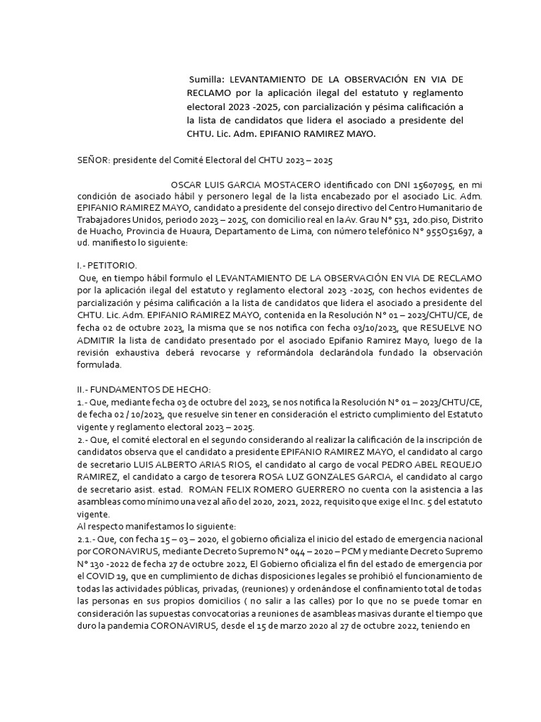 LEVANTO OBSERVACION CHTU 2023 - Mayo. | PDF