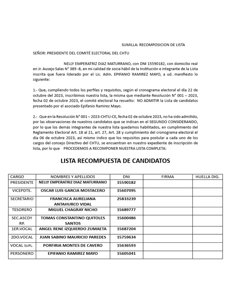 Recomposicion de Lista Chtu 2023 | PDF