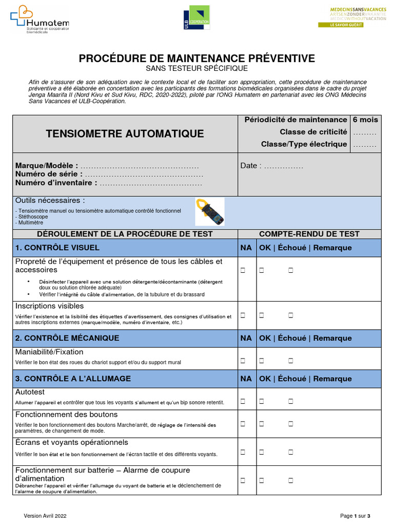 Tensiometre Automatique Procedure de Maintenance Preventive | PDF