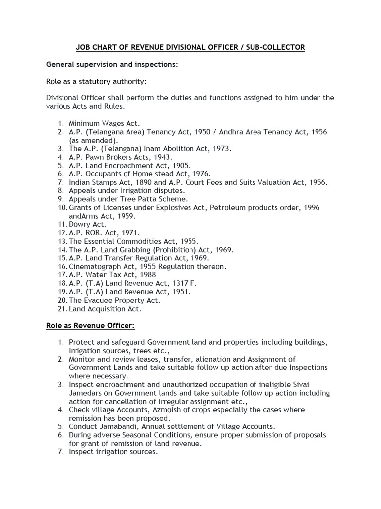 Job Chart of Revenue Divisional Officer Sub-Collector | PDF | Welfare ...