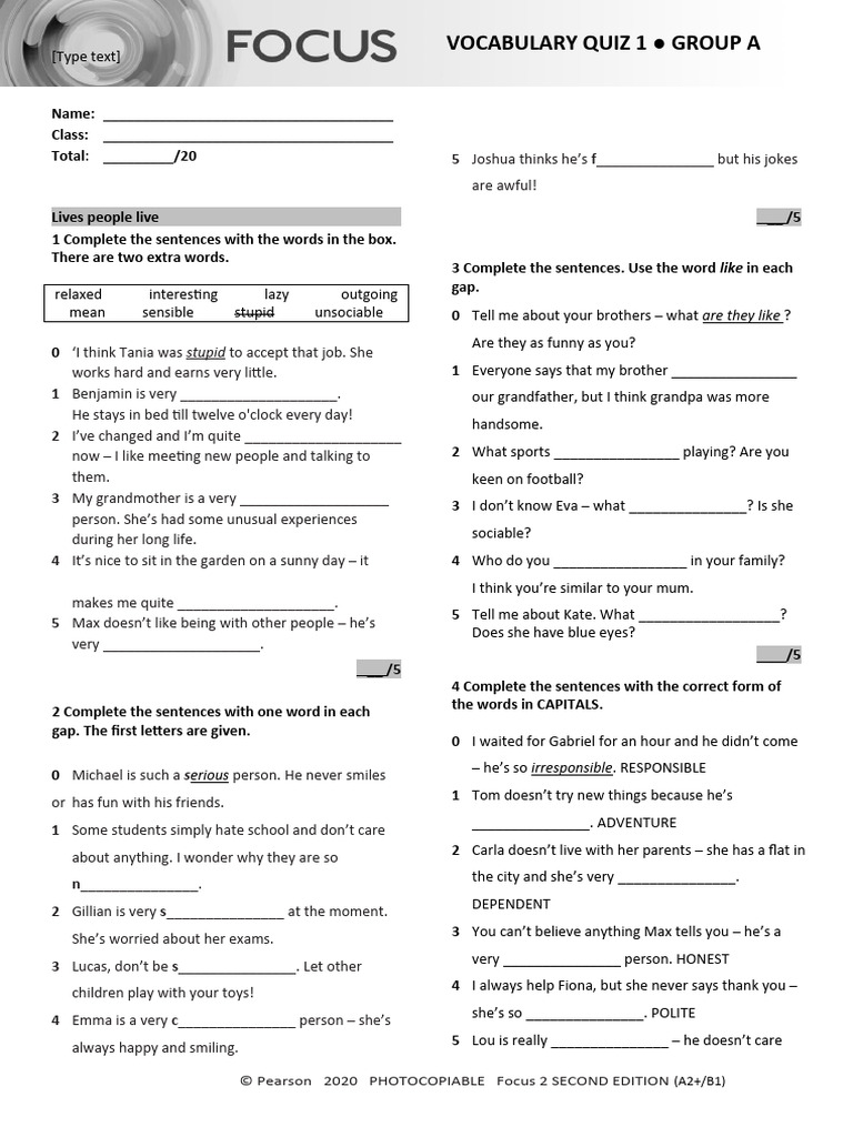 Focus2 2E Vocabulary Quiz Unit1 GroupA | PDF