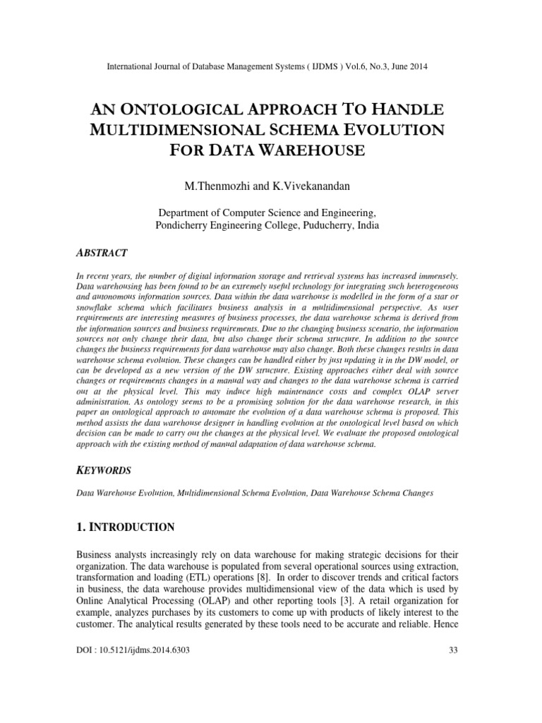 An Ontological Approach To Handle Multidimensional Schema Evolution For Data Warehous | PDF