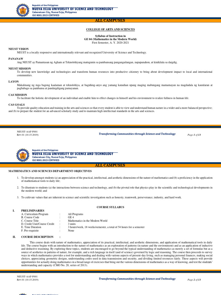 GE4 Syllabus 1st Sem AY 2020 2021 | PDF
