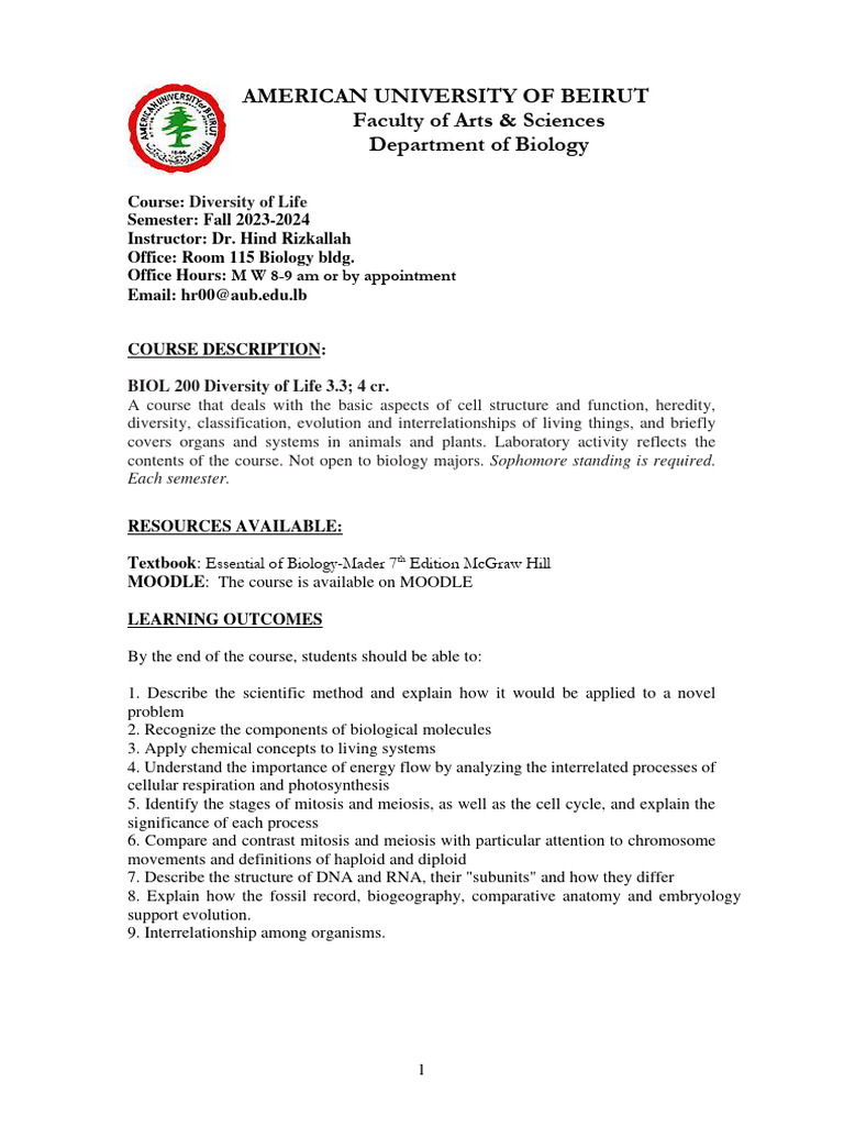 BIOL 200 Syllabus | PDF | Biology | Life