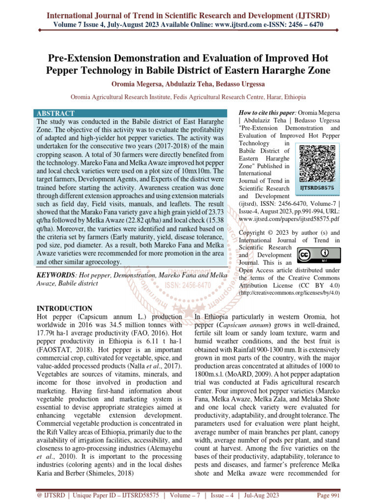 Pre Extension Demonstration and Evaluation of Improved Hot Pepper Technology in Babile District ...