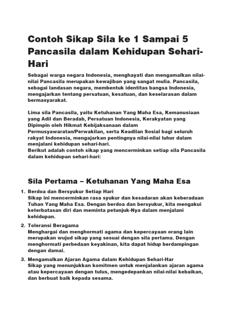 Contoh Sikap Sila Ke 1 Sampai 5 Pancasila Dalam Kehidupan Sehari | PDF