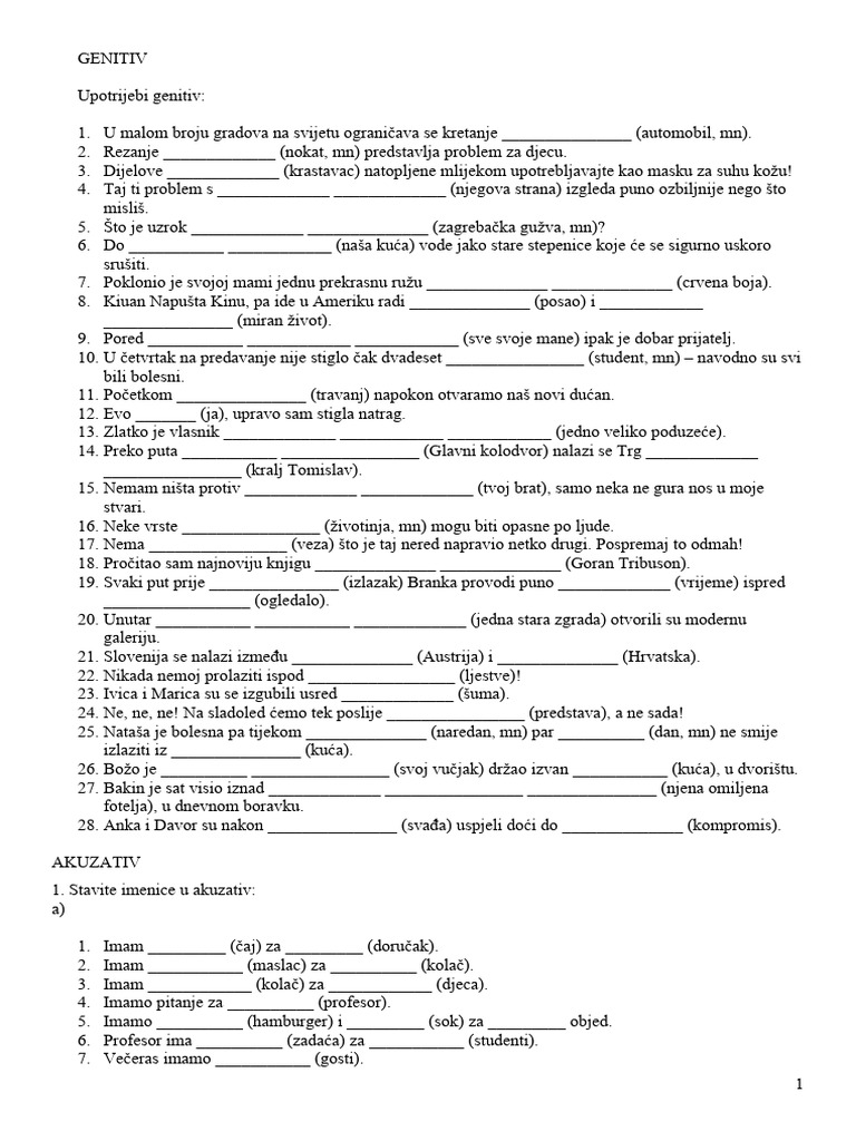 Padeži - Vježbe | PDF