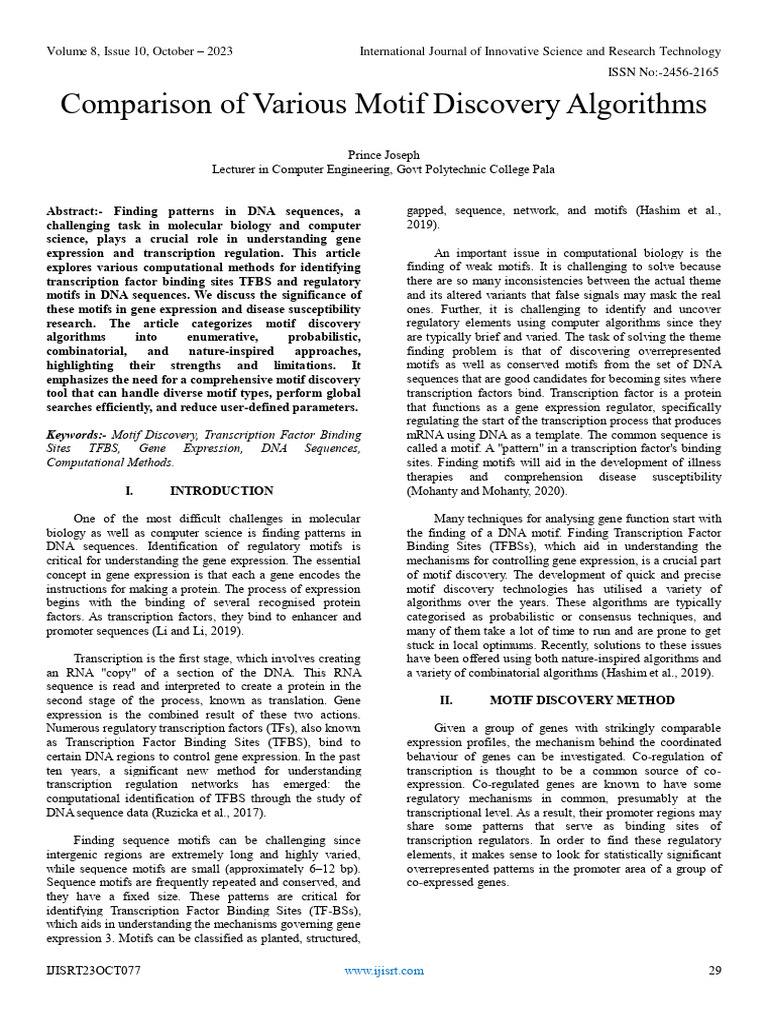 Comparison of Various Motif Discovery Algorithms | PDF