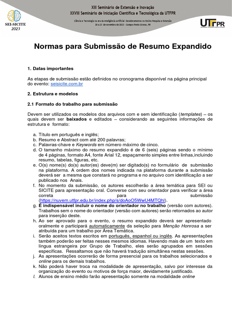 Normas Submissã o de Trabalhos SEI SICITE 2023 | PDF