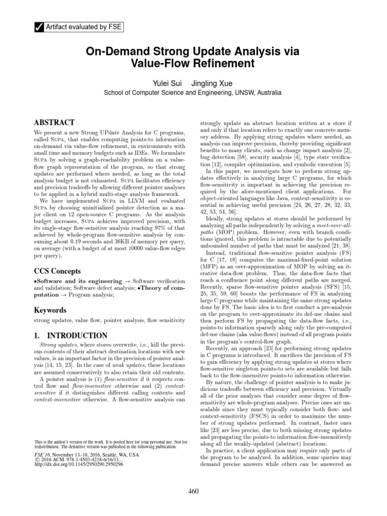 On-Demand Strong Update Analysis Via Value-Flow Refinement: Yulei Sui ...