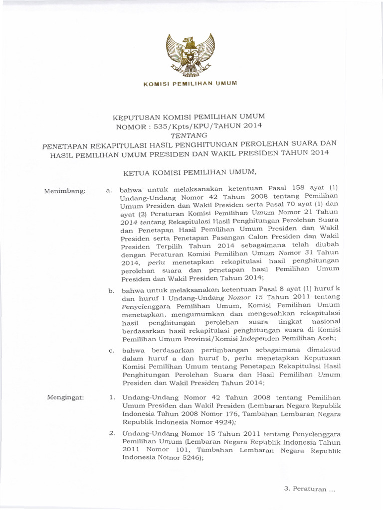 535 Penetapan Rekap Pilpres | PDF