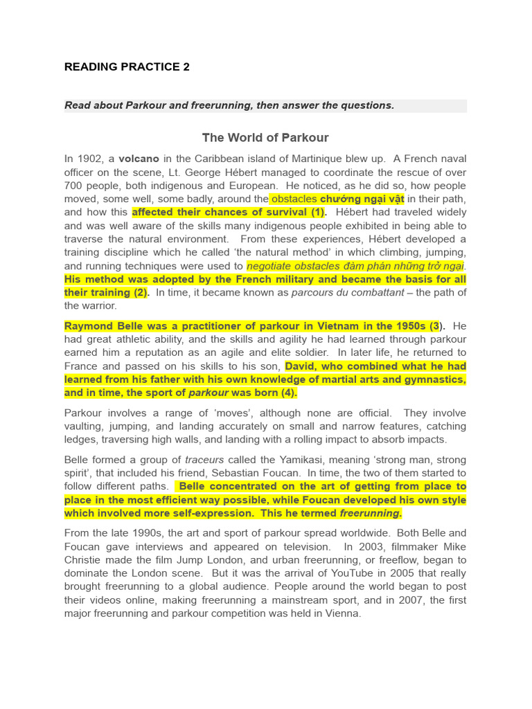 Reading Practice 2: The World of Parkour | PDF