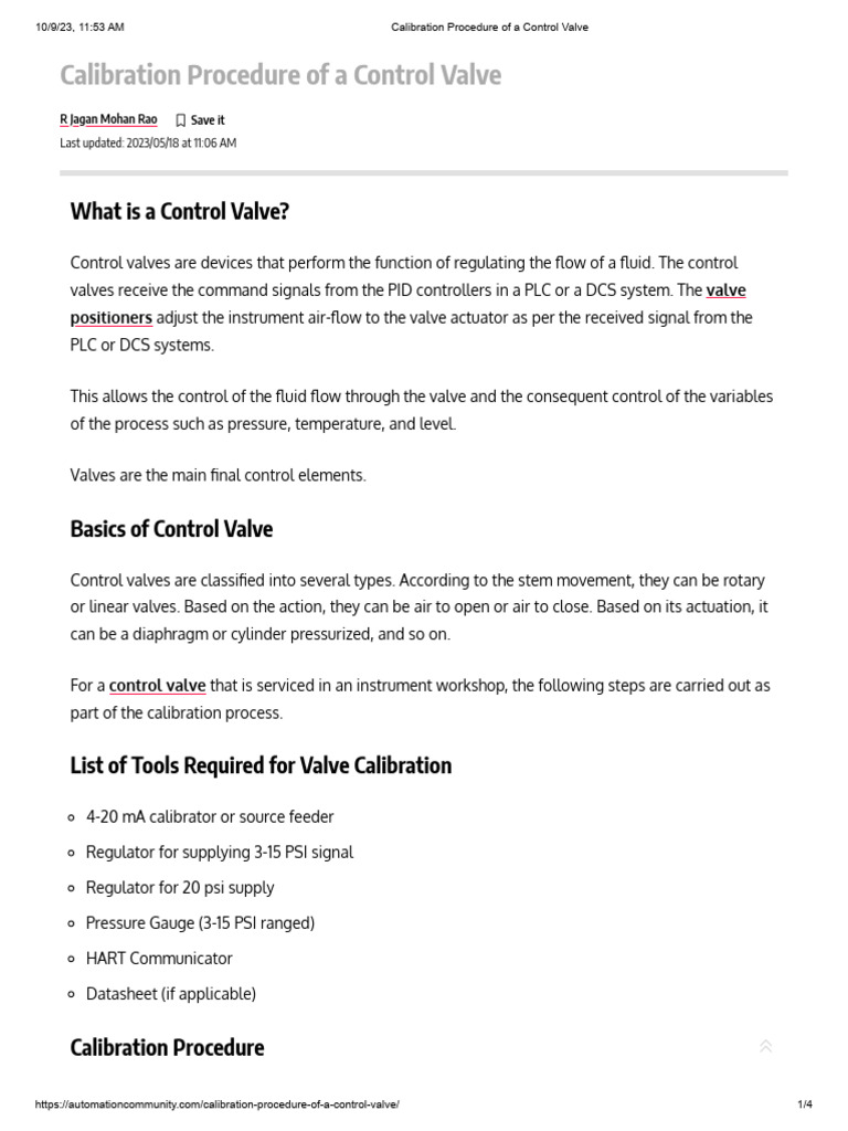 Calibration Procedure of A Control Valve | PDF