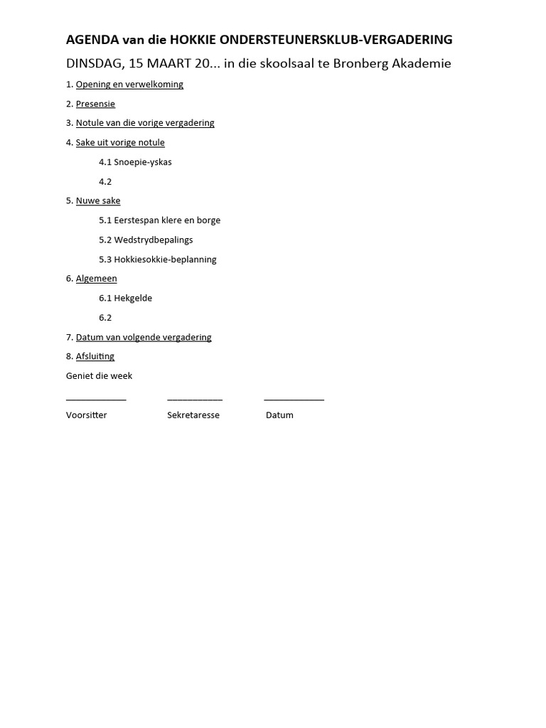 AGENDA en NOTULE Voorbeelde Vir Graad 7 | PDF