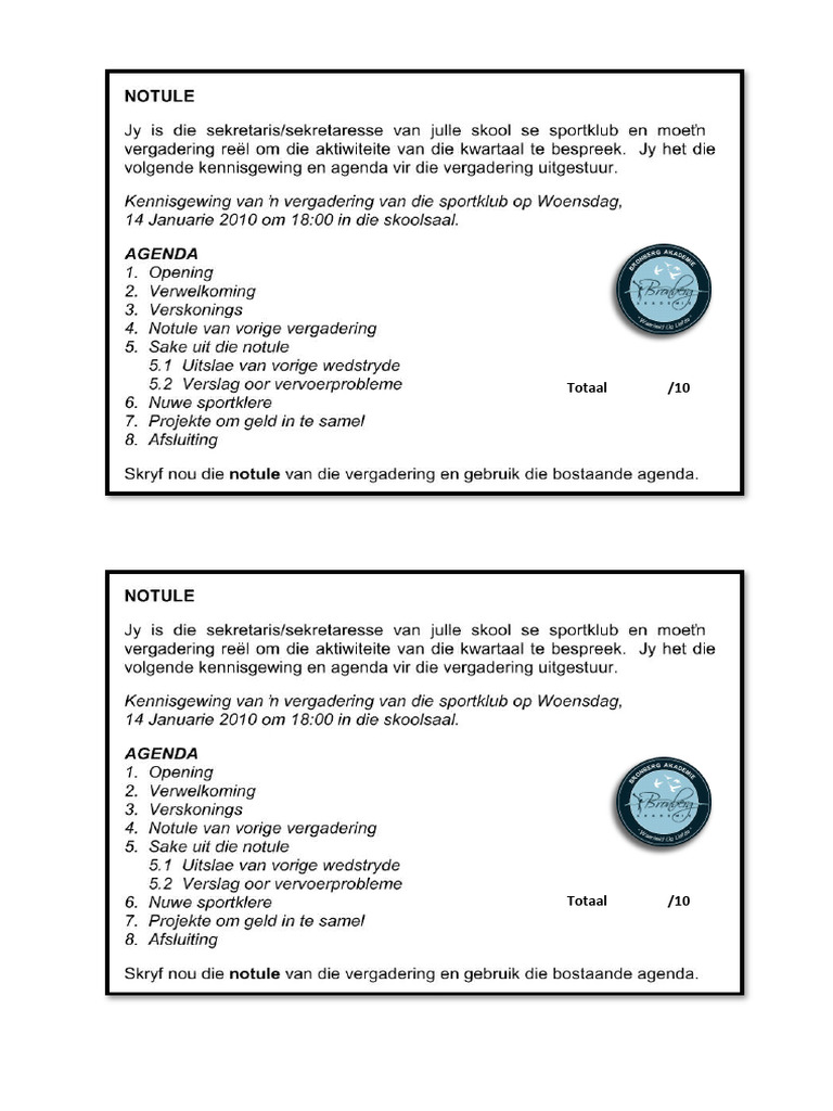 Notule Vraag Vir Klastoets | PDF