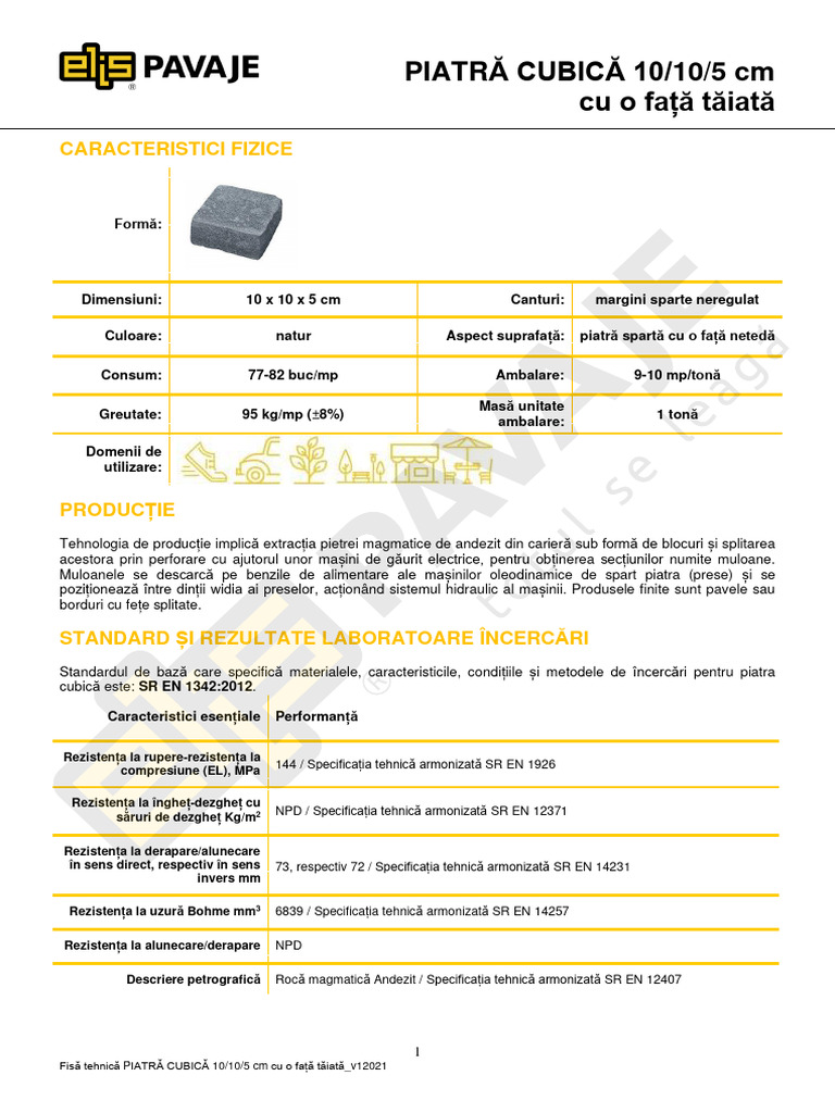 227 Fisa Tehnica Fisa Tehnica PIATRA CUBICA 10 10 5 Cu o Fata Taiata V32021 | PDF