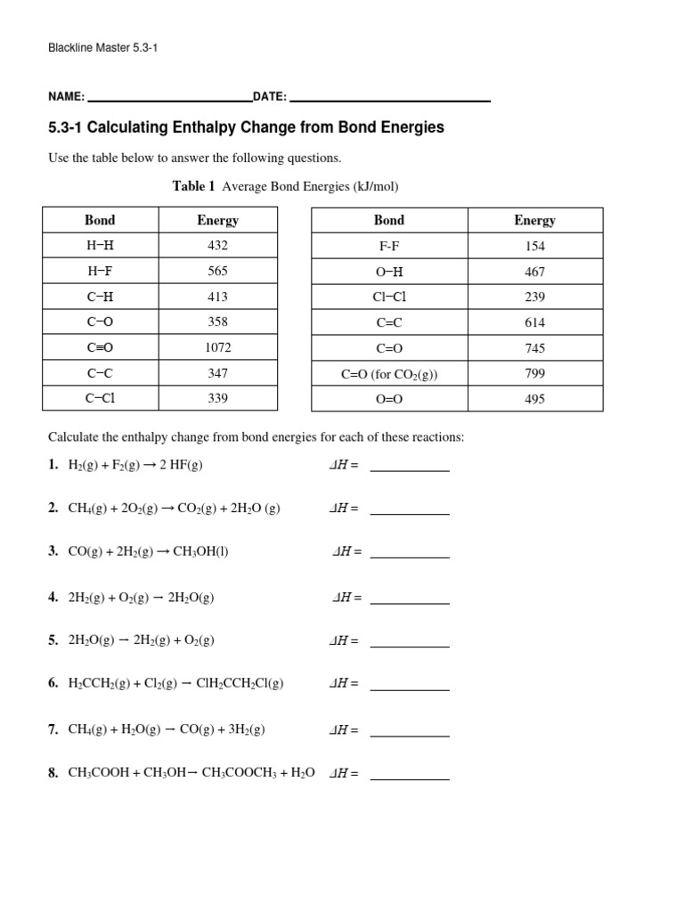 Worksheet-on-Calculating-Bond-Energieswithout Answer | PDF