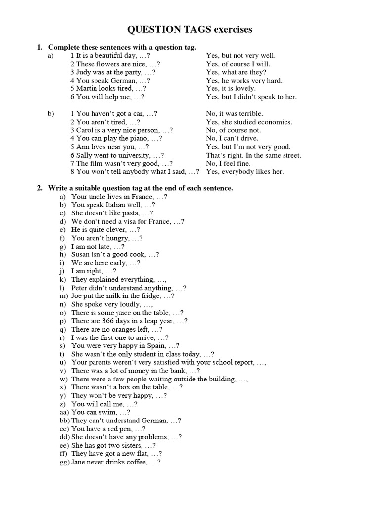 Question Tags Exercises 7 | PDF | Language Arts & Discipline | Foreign ...