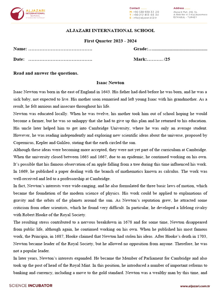 First Quarter - Second Quiz - Grade 7 | PDF | Isaac Newton | Science
