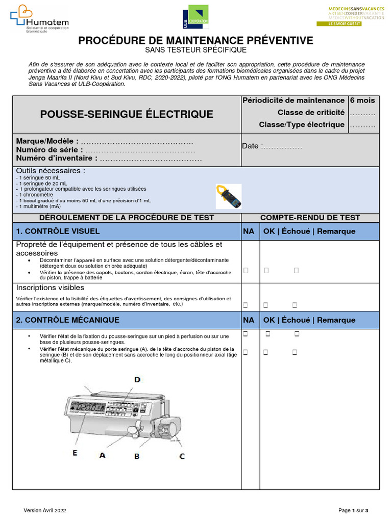 Pousse Seringue Electrique Procedure de Maintenance Preventive | PDF