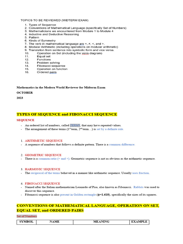 Mathematics in The Modern World Reviewer | PDF