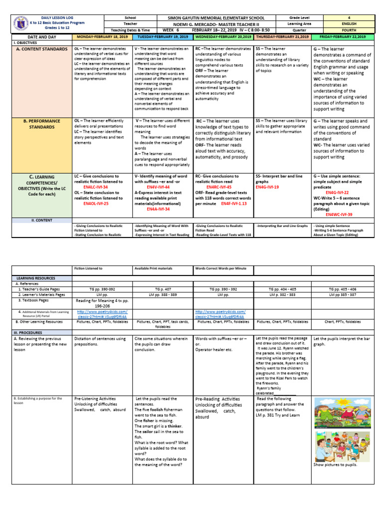 DLL in English 4 Week 6 Quarter 4 The K To 12 Way | PDF | Learning ...