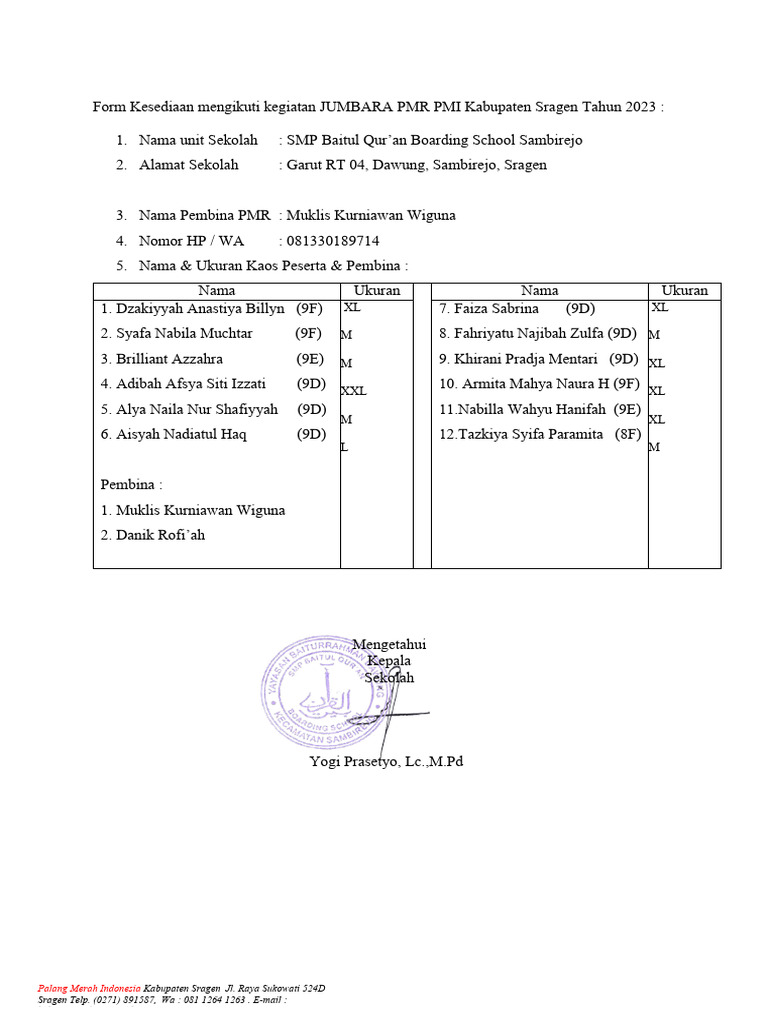 Form Kesediaan Mengikuti Kegiatan JUMBARA PMR PMI Kabupaten Sragen Tahun 2023 | PDF