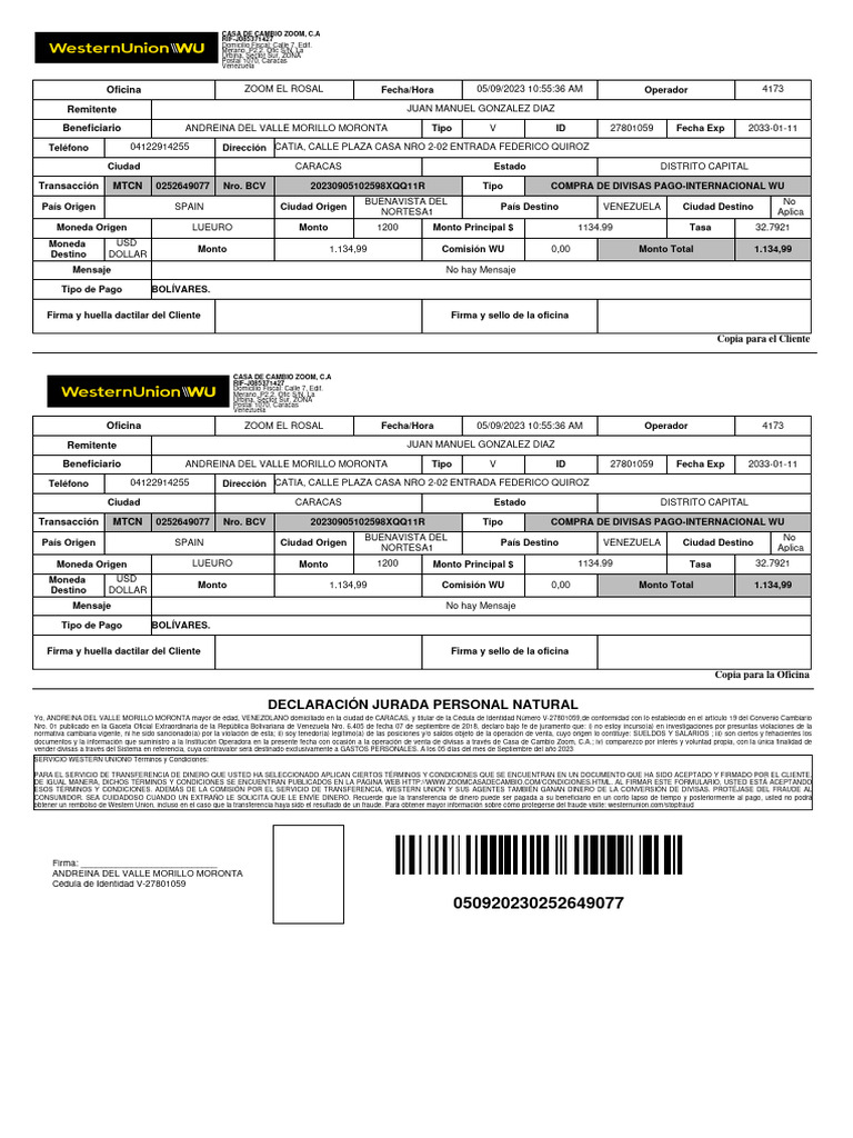 Recibos WU 05092023 20230905102598XQQ11R | PDF | Western Union | Venezuela