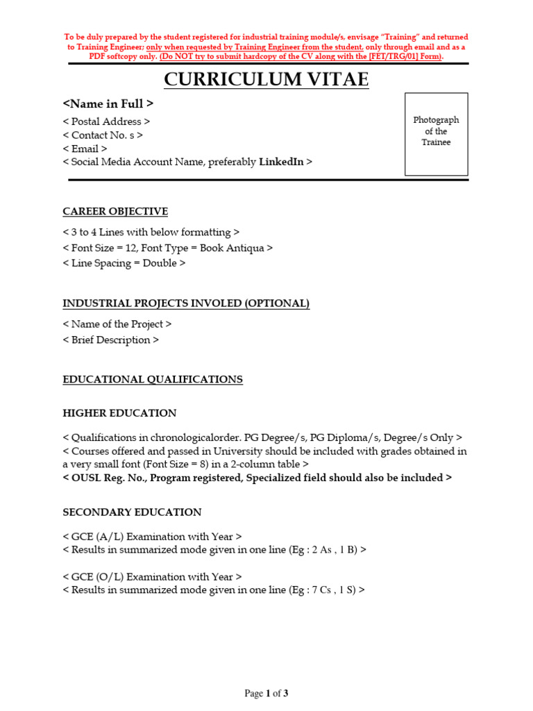 CV - Sample Format - OUSL TRG | PDF