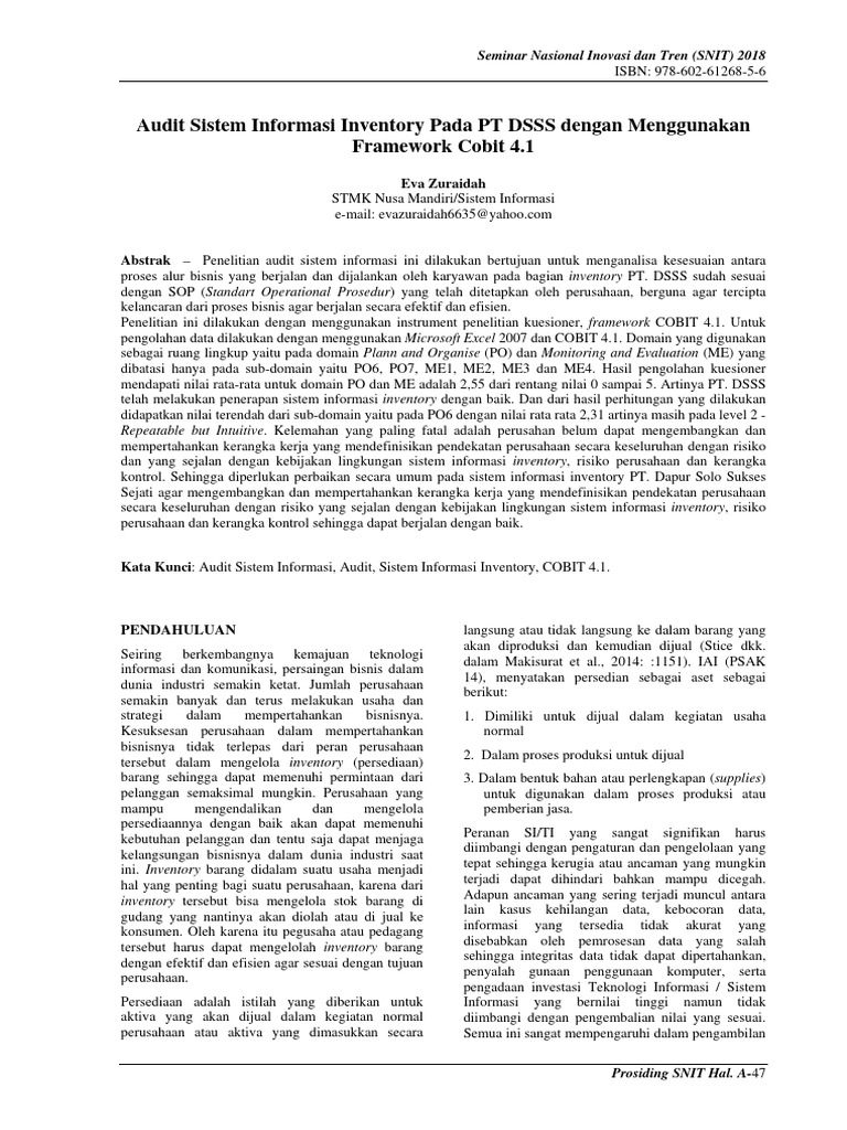 Audit Sistem Informasi Inventory Pada PT DSSS Dengan Menggunakan Framework Cobit 4.1 | PDF