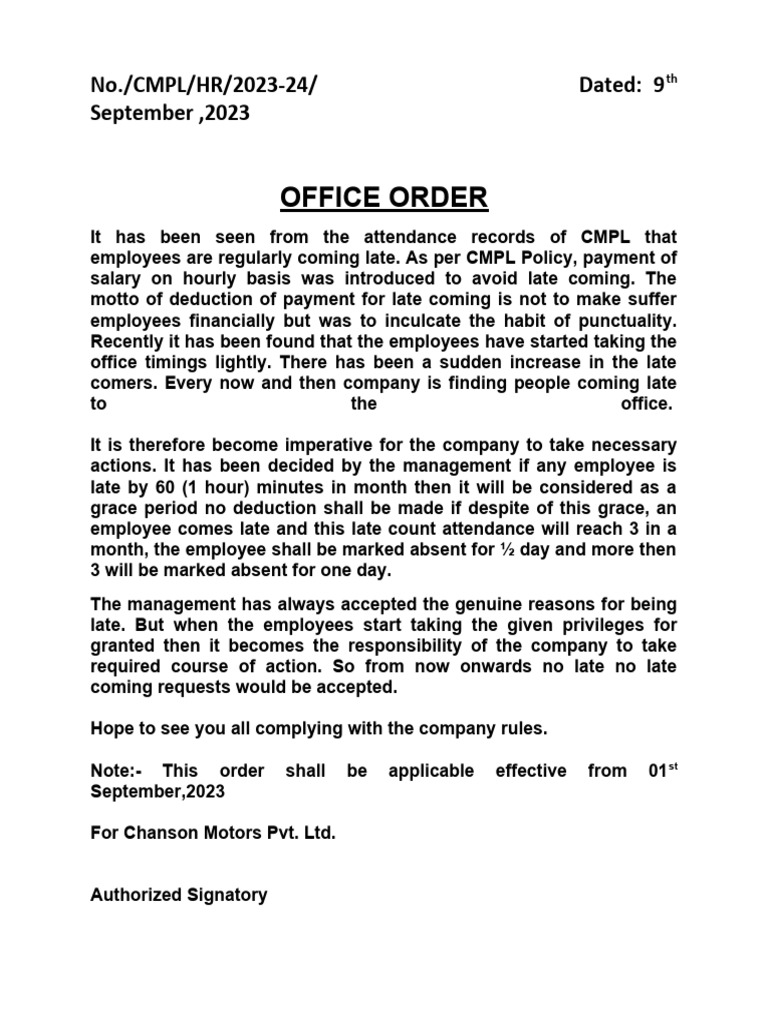 Office Order For Office Timming | PDF