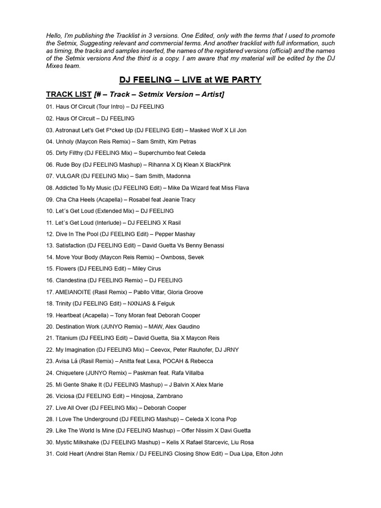 DJ FEELING - LIVE at WE PARTY (TRACKLIST) | PDF