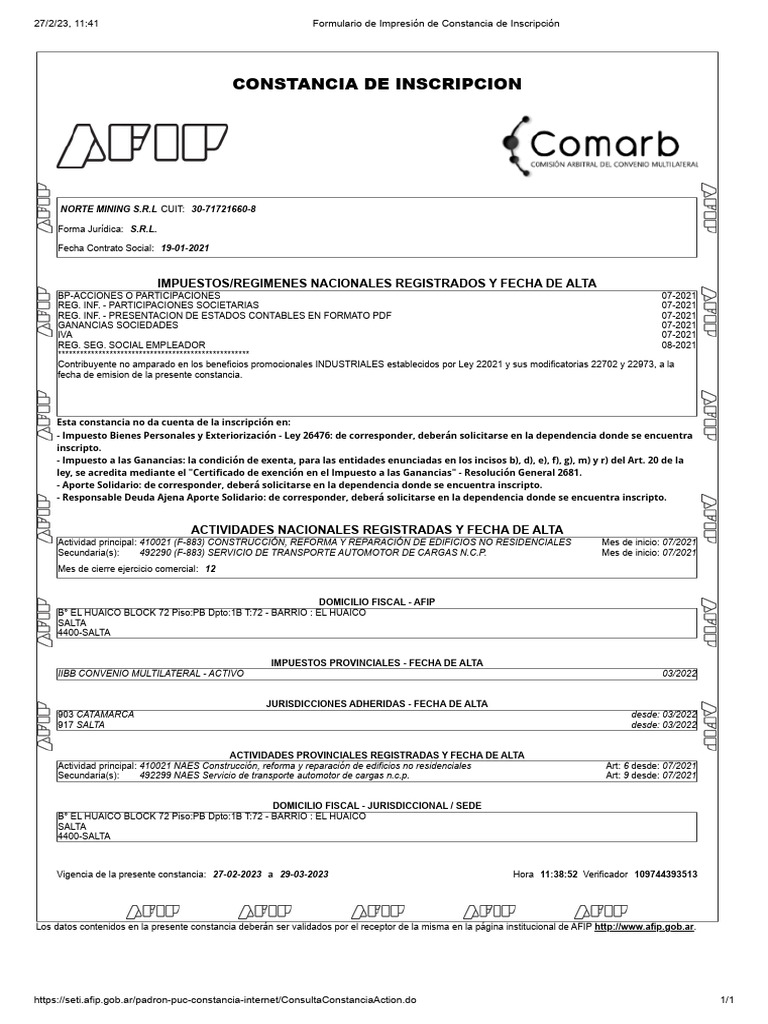 Constancia Inscripcion AFIP | PDF