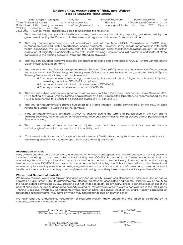 NEW Undertaking-Waiver F2Fsports Training | PDF | Safety | Causes Of Death
