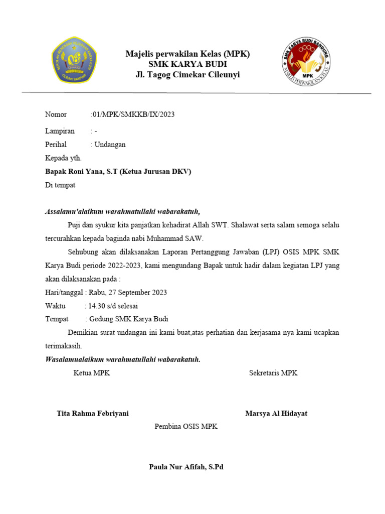 Surat Undangan Calon MPK | PDF