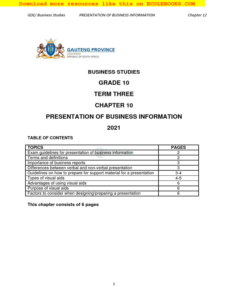 2021 Business Studies Grade 10 Term 3 Chapter 12 Presentation of Past ...