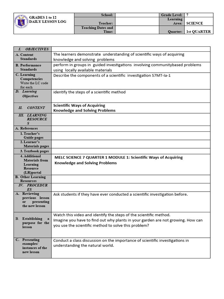 q1 - DLL Day 1 Science 7 | PDF