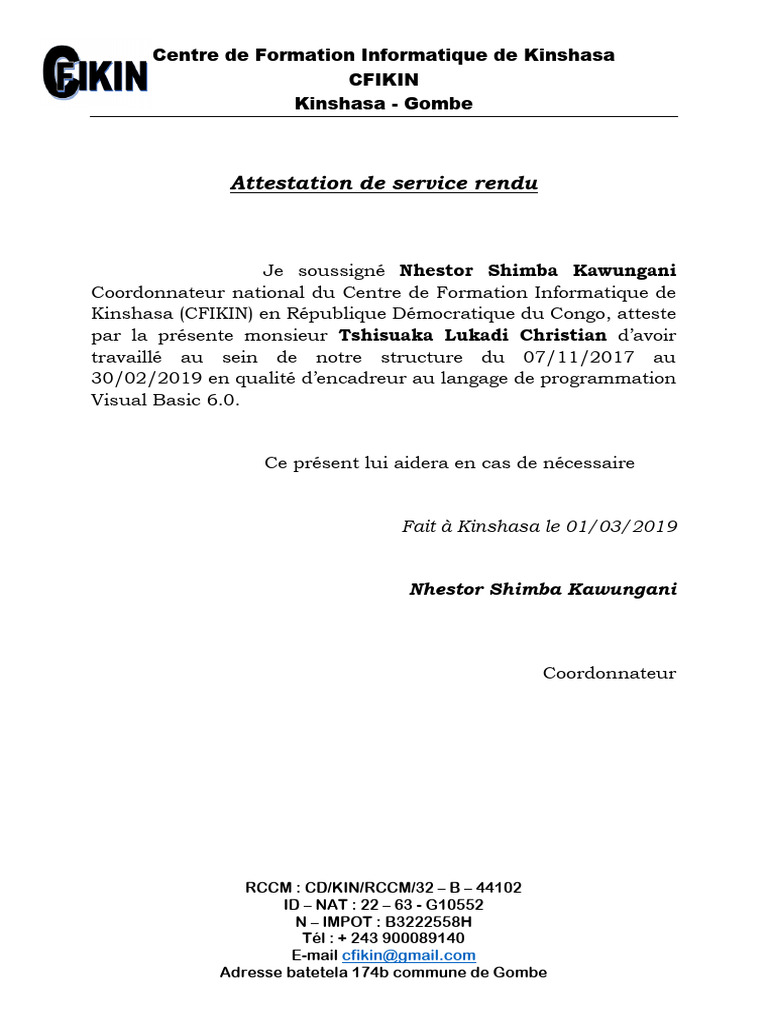 Attestation de Service Rendu | PDF | Finance et gestion monétaire ...