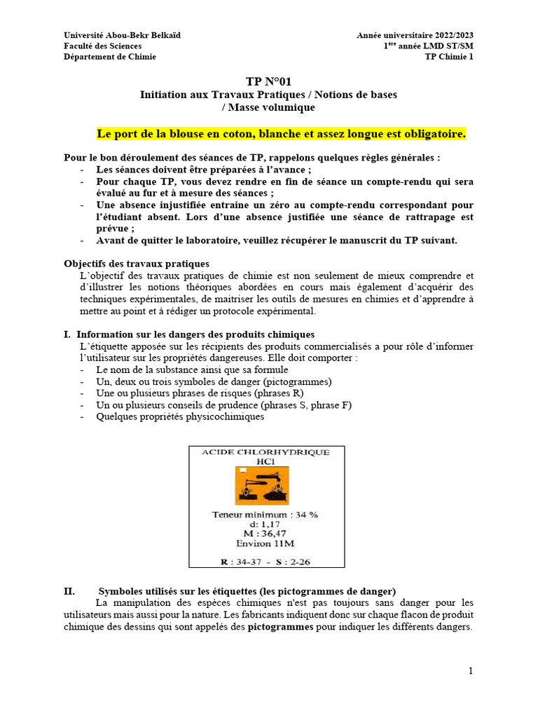 TP Chimie 01 L1 ST - SM 2022-2023 | PDF