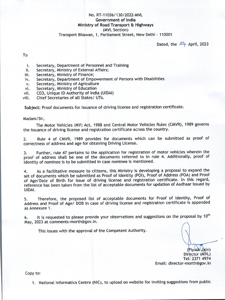 Letter Proof Documents For Issuance of Driving License and Registration ...