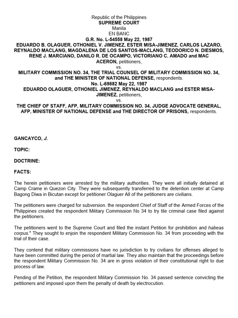 Olaguer vs. Military Commission Ruling | PDF