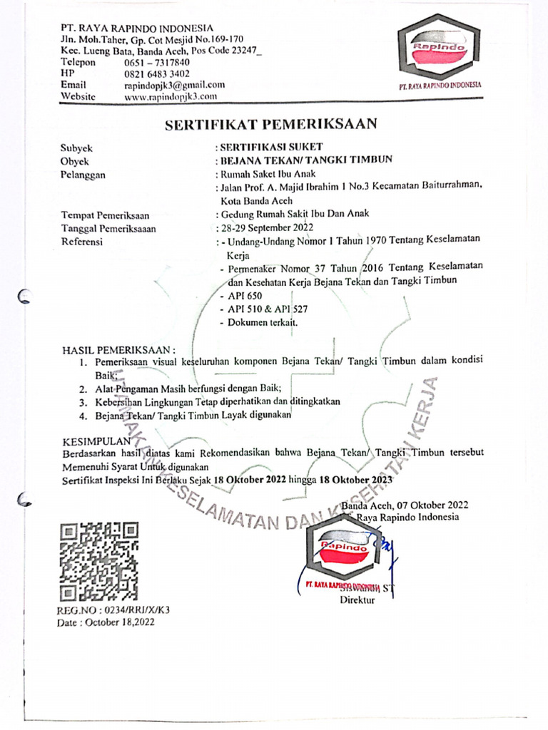 Sertifikat Pemeriksaan Bejana Tekan Atau | PDF