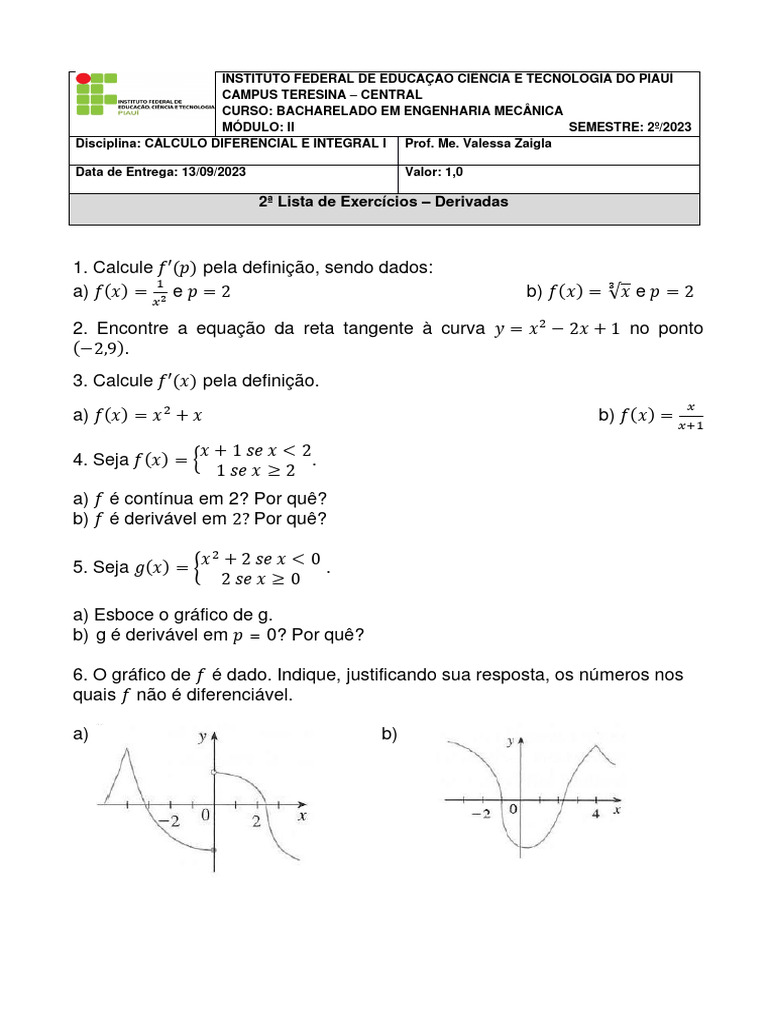 2ª Lista de Exercícios - Derivadas-2d3e6833fa6249b091edc320041e735e | PDF